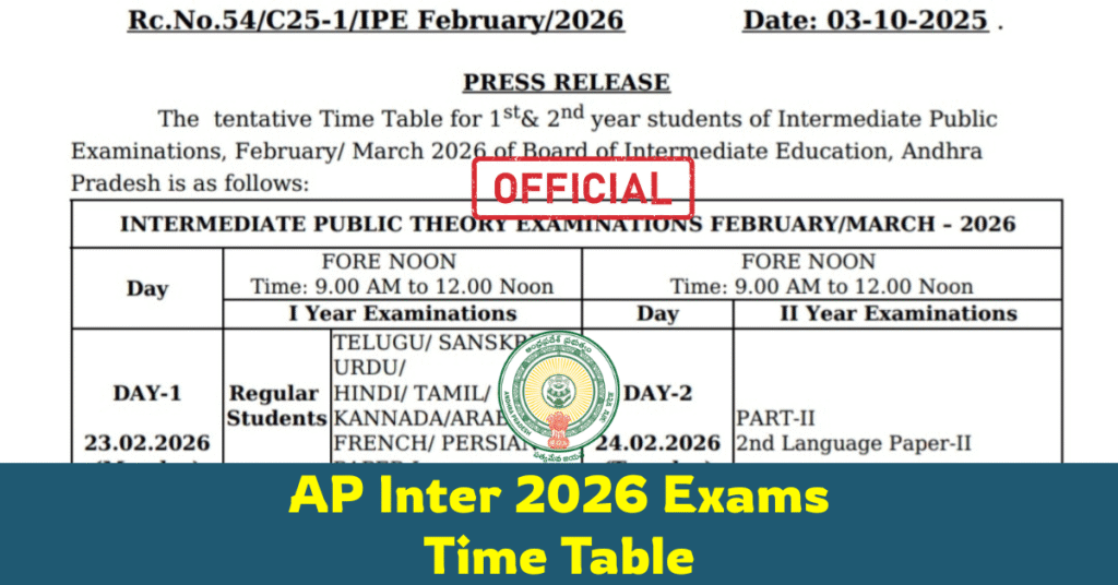 AP Inter Exams 2026 Time Table Released - Check Complete Details